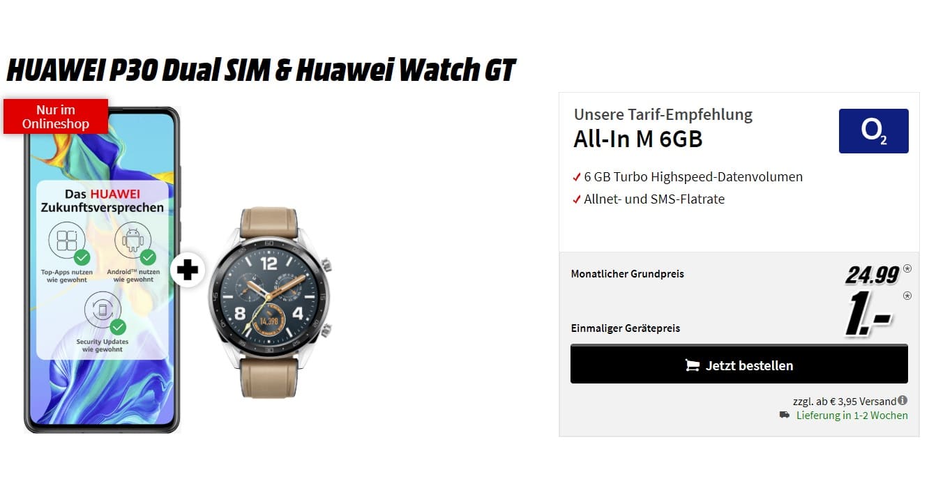 HUAWEI P30 & Watch GT mit 6 GB LTE nur 24,99€ - HandyTarifTipp