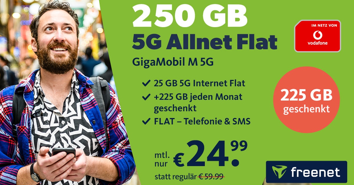 250GB LTE/5G Allnet Flat im Vodafone Netz nur 24,99 Euro monatlich ...