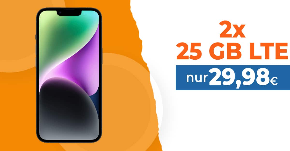 Apple iPhone 14 für einmalig 99 Euro mit 2x 25GB 5G/LTE nur 29,98 Euro monatlich - HandyTarifTipp