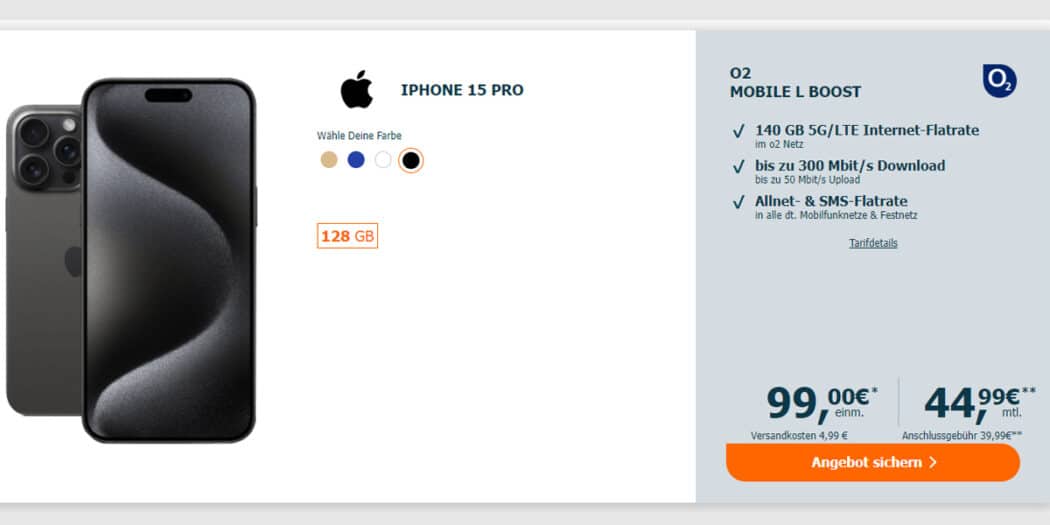 Apple iPhone 15 Pro für einmalig 99 Euro mit 140GB 5G/LTE nur 44,99 ...