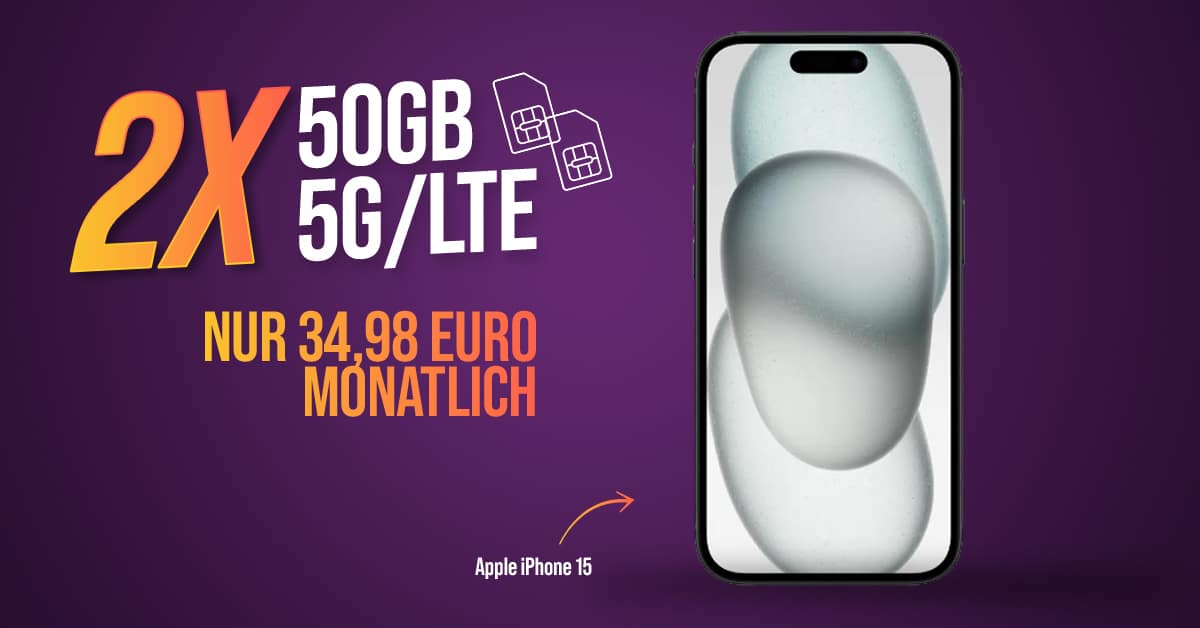 Apple iPhone 15 für einmalig 99 Euro mit 2x 50GB LTE/5G nur 34,98 Euro monatlich - HandyTarifTipp