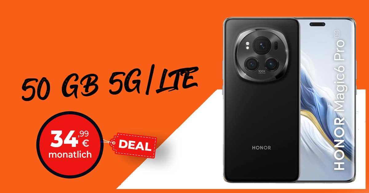 Honor Magic 6 Pro 5G -512GB- mit 50 GB 5G/LTE nur 34,99 Euro monatlich - HandyTarifTipp