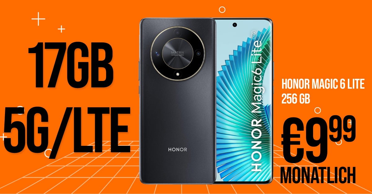 Honor Magic 6 Lite 5G -256GB- für einmalig 29 Euro mit 17GB 5G/LTE nur 9,99 Euro monatlich ...