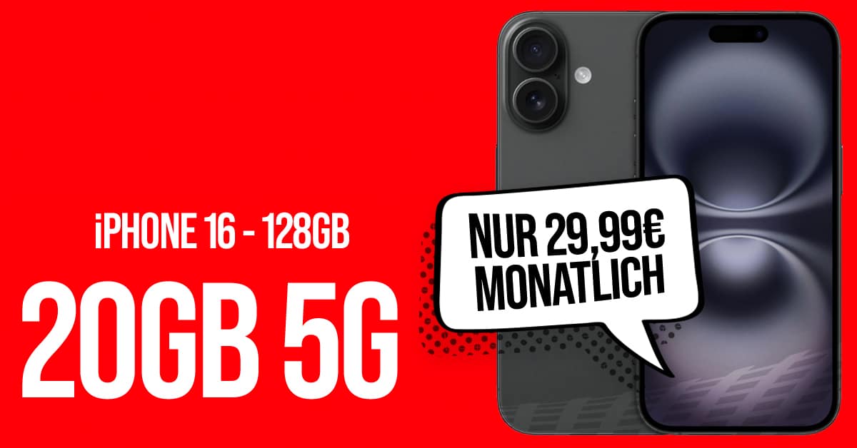 Apple iPhone 16 für einmalig 99 Euro (+AG 39.99€) mit 20GB und 50 Euro ...