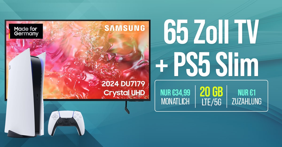 Samsung UHD 65 Zoll TV & PlayStation 5 Digital Slim mit 20GB 5G Allnet Flat nur 34.99 Euro ...