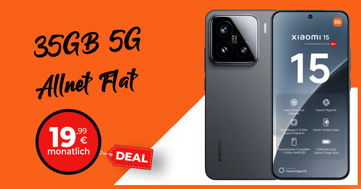 Xiaomi 15 für einmalig 29 Euro mit 35GB 5G Allnet Flat und 50 Euro Wechselbonus nur 19.99 Euro ...