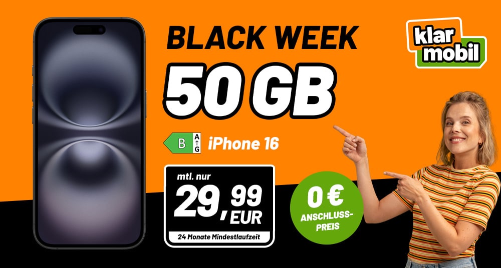 iPhone 16 für einmalig 49.99 Euro mit Allnet Flat 50 GB nur 29.99 Euro ...